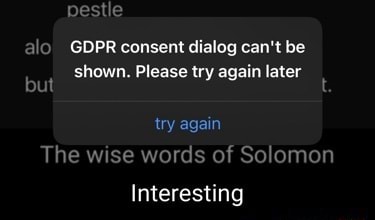 Pestle alo GDPR consent dialog can't be but shown. Please try again ...
