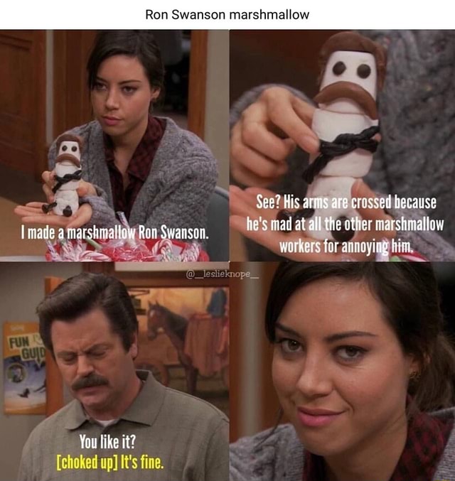 Ron Swanson marshmallow His arms are crassed because mad at all the ...