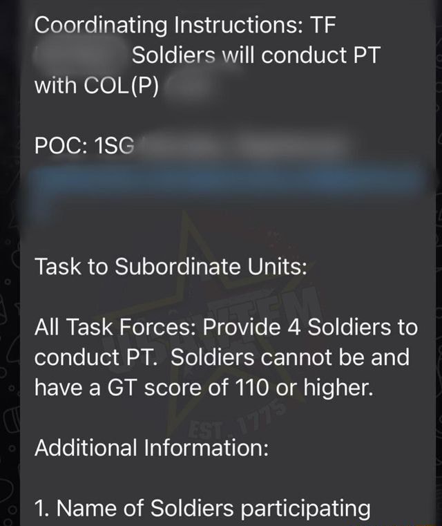 Coordinating Instructions: TF Soldiers will conduct PT with POC: Task ...