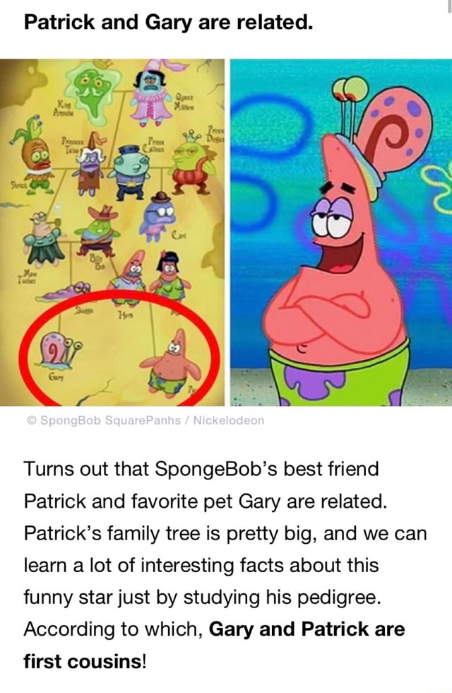 Patrick and Gary are related. Turns out that SpongeBob's best friend ...