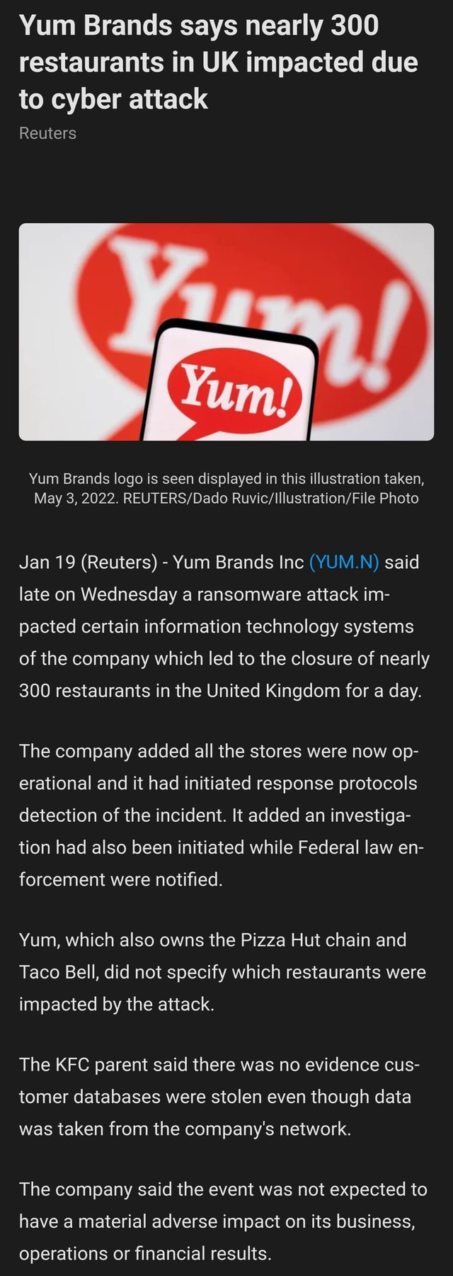 Yum Brands says nearly 300 restaurants in UK impacted due to cyber ...