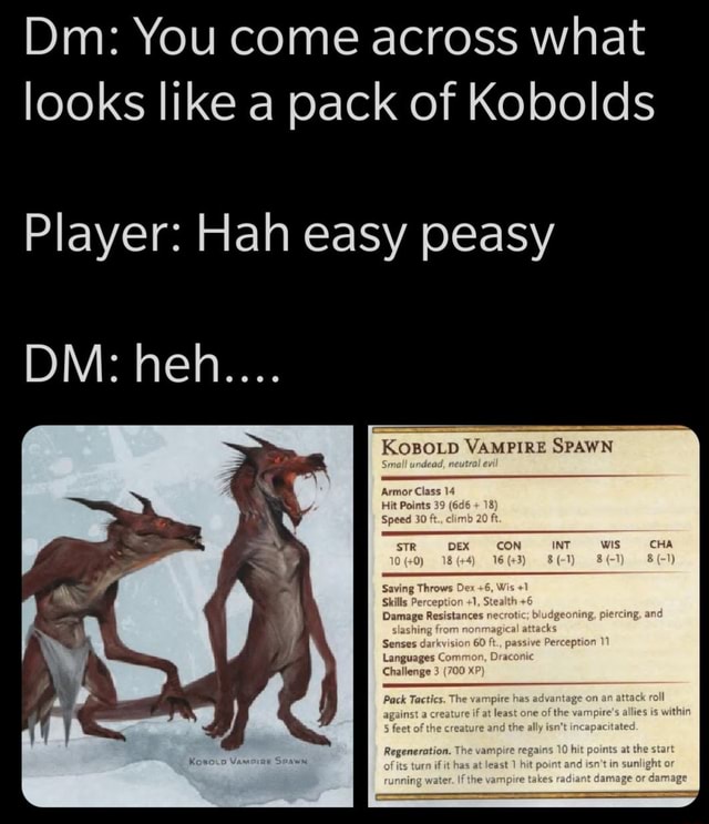 Dm: You come across what looks like a pack of Kobolds Player: Hah easy ...