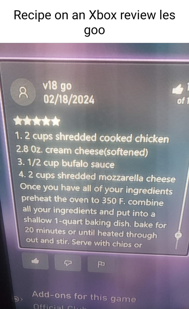 Recipe on an Xbox review les goo go I of vi 1. 2 cups shredded cooked ...