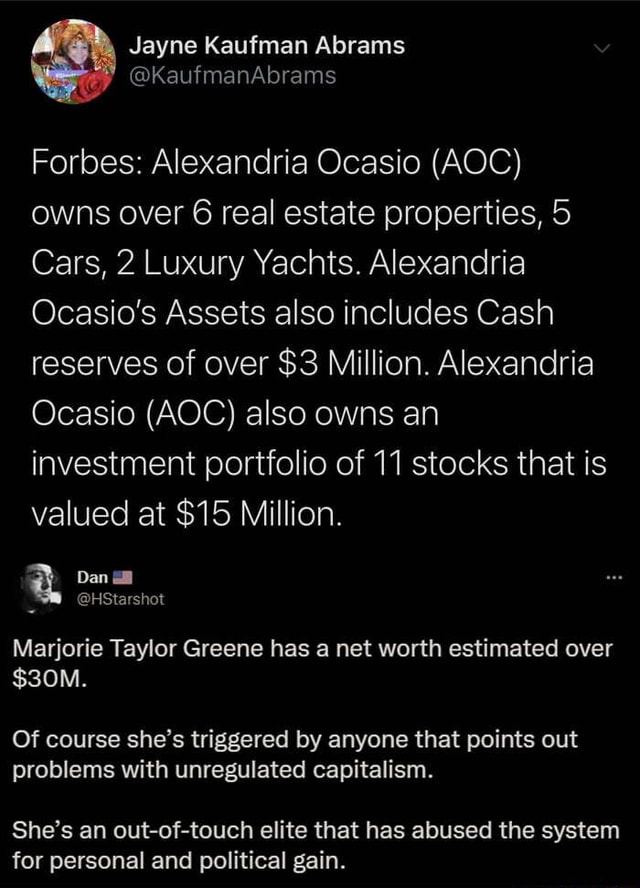 Jayne Kaufman Abrams Forbes: Alexandria Ocasio (AOC) owns over 6 real estate properties, 5 Cars ...