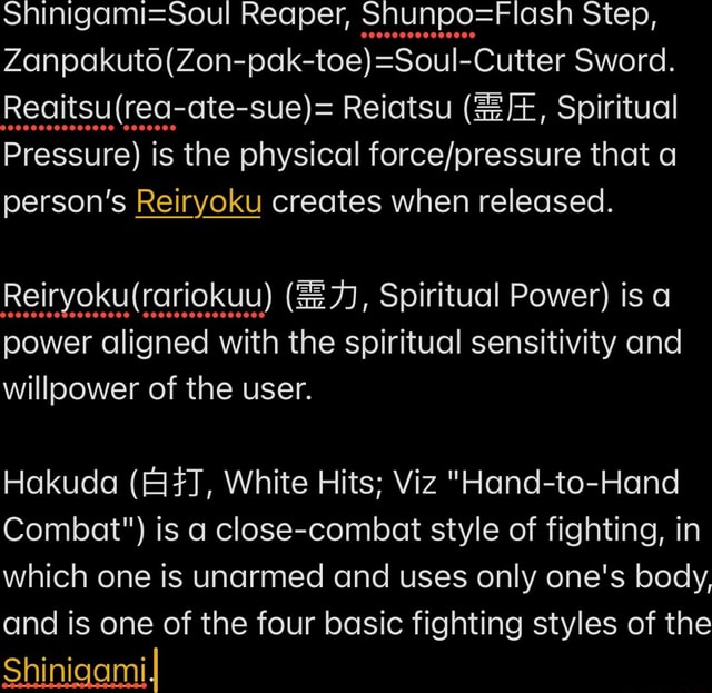 Reaper, Step, Sword. Reiatsu Spiritual Pressure) is the physical that a person's Reiryoku ...
