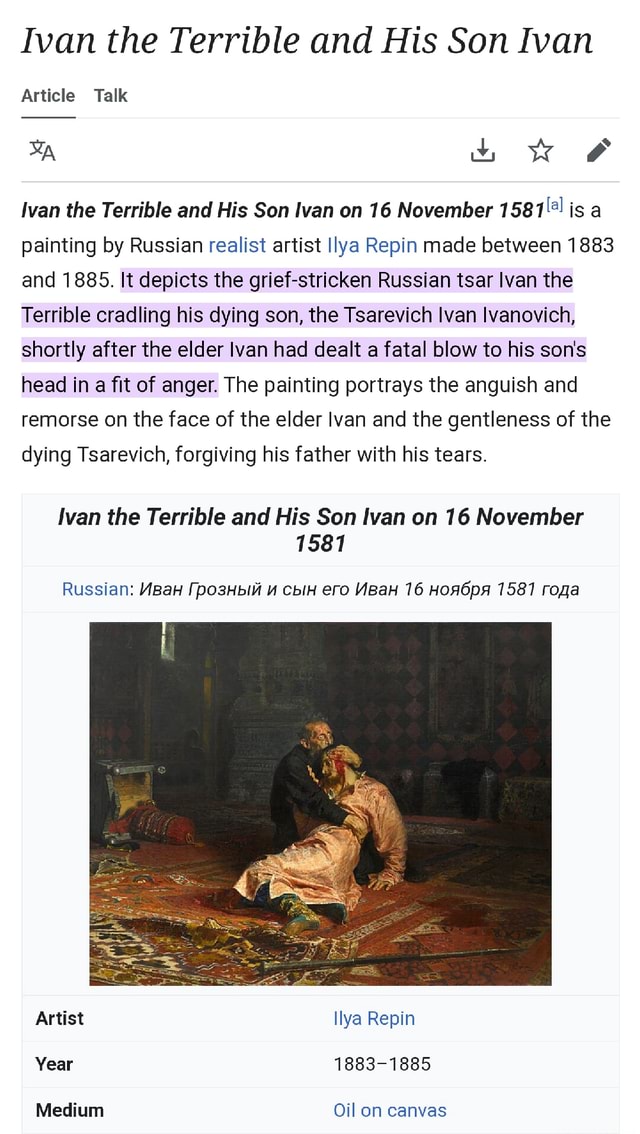 Ivan the Terrible and His Son Ivan Article Talk XA oo Ww Ivan the ...