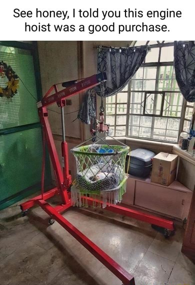 See honey, I told you this engine hoist was a good purchase. - iFunny