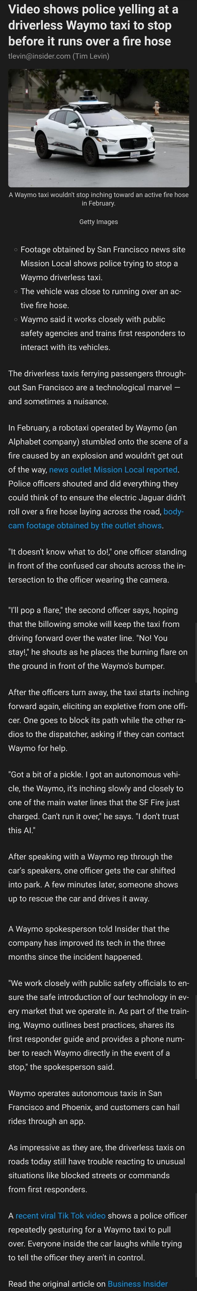 Video shows police yelling at a driverless Waymo taxi to stop before it ...