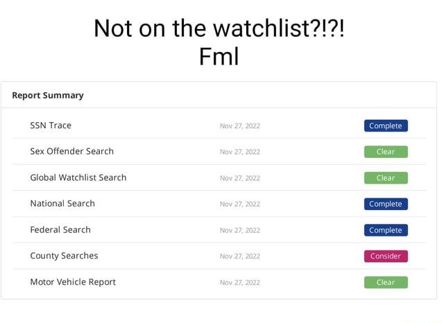 Not on the watchlist?!?! Fml Complete Report Summary SSN Trace Nov 27, 2022 Sex Offender Search ...