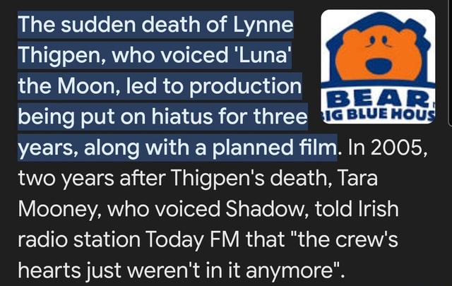 The sudden death of Lynne Thigpen, who voiced Luna the Moon, led to ...