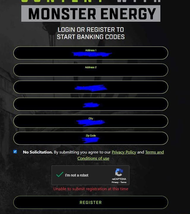 MONSTER ENERGY I LOGIN OR REGISTER TO START BANKING CODES 'Aderese 1 ...