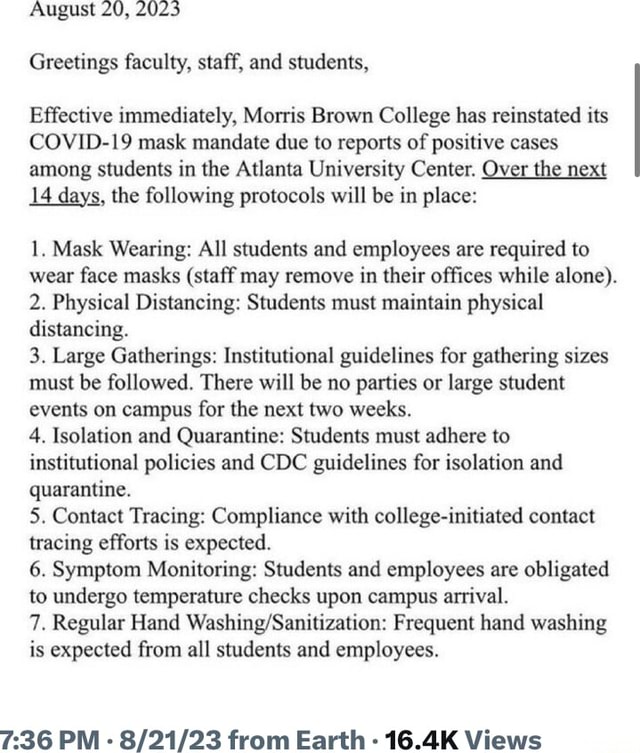 August 20, 2023 Greetings faculty, staff, and students, Effective ...