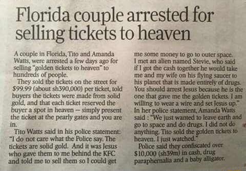 Florida couple arrested for selling tickets to heaven and A couple in ...