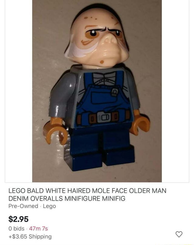LEGO BALD WHITE HAIRED MOLE FACE OLDER MAN DENIM OVERALLS MINIFIGURE ...