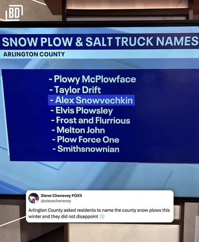 SNOW PLOW & SALT TRUCK NAMES ARLINGTON COUNTY - Plowy McPlowface ...
