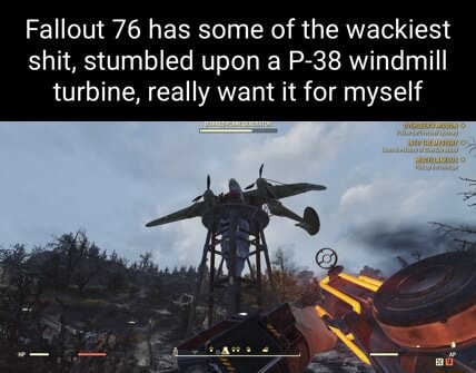 Fallout 76 has some of the wackiest shit, stumbled upon a P-38 windmill ...