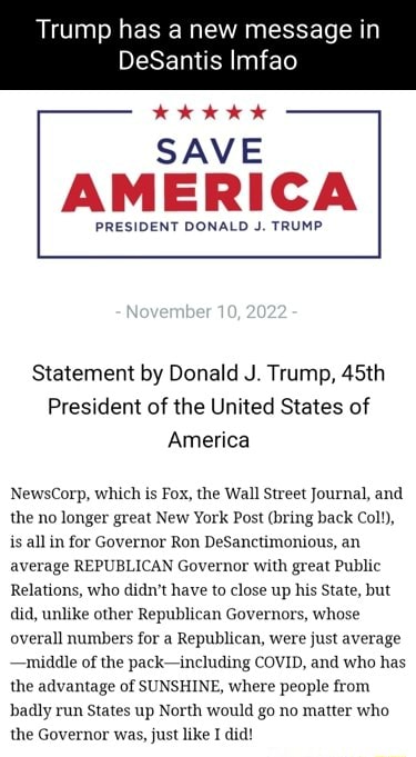 Trump has a new message in DeSantis Imfao SAVE AMERICA PRESIDENT DONALD ...