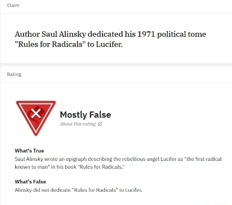 Claim Author Saul Alinsky dedicated his 1971 political tome "Rules for ...