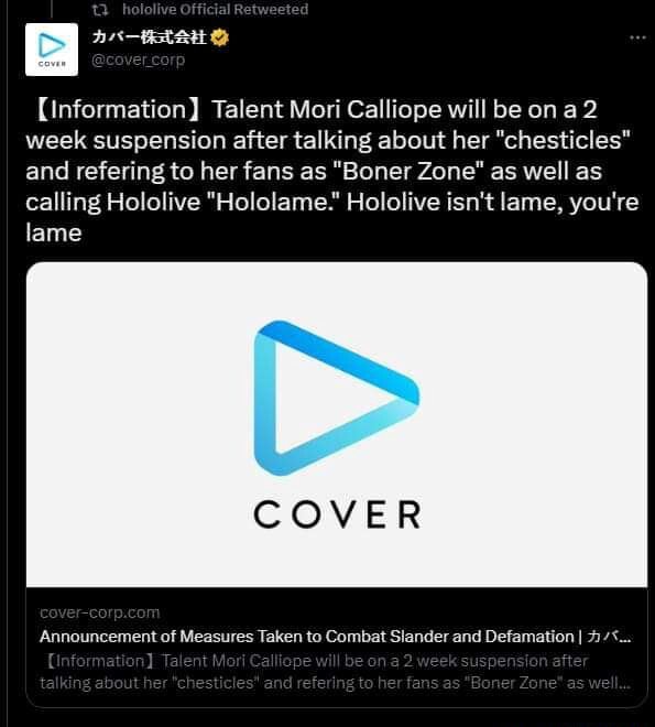 [Information] Talent Mori Calliope will be on 2 week suspension after ...