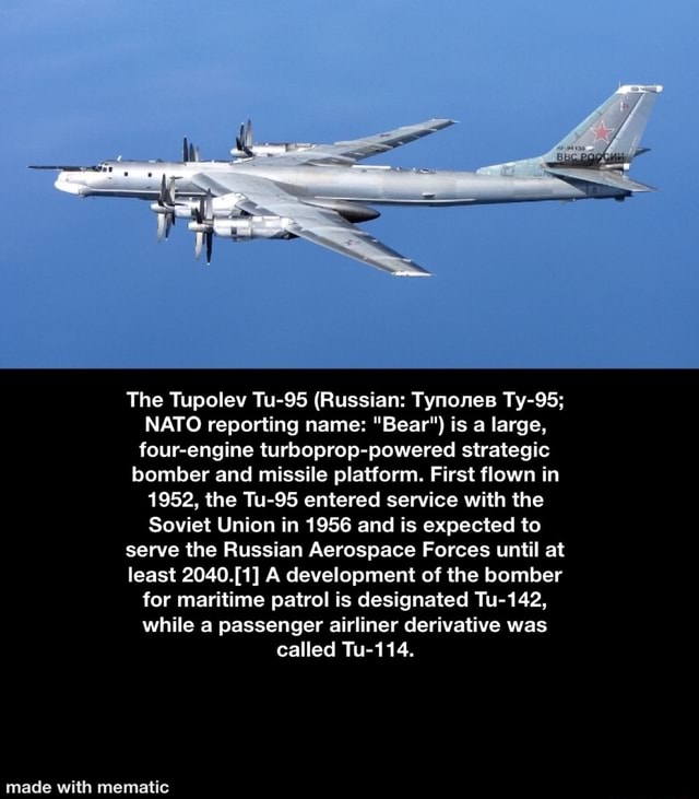 The Tupolev Tu-95 (Russian: Tynones Ty-95; NATO reporting name: "Bear ...