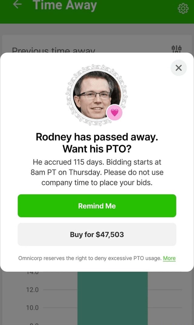 Away Rodney has passed away. Want his PTO? He accrued 115 days. Bidding ...