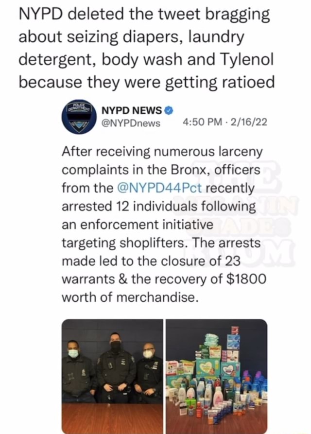 NYPD deleted the tweet bragging about seizing diapers, laundry ...