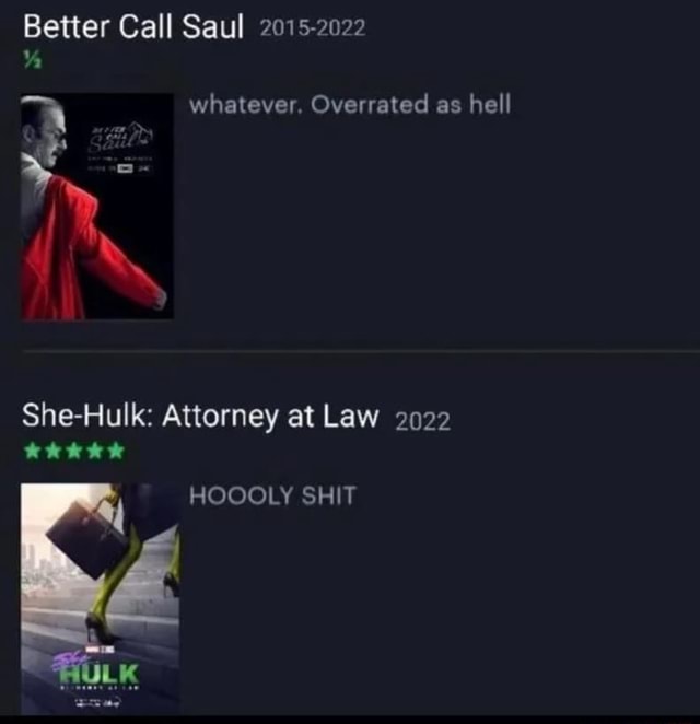 Better Call Saul 2015-2022 whatever. Overrated as hell She-Hulk ...