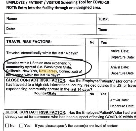 EMPLOYEE PATIENT VISITOR Screening Tool for COVID-19 NOTE: Entry into ...