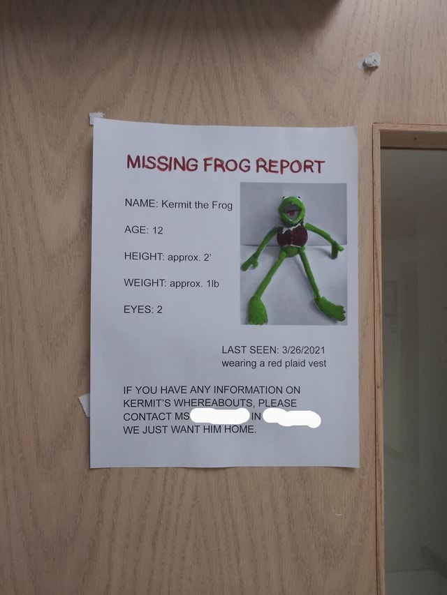 MISSING FROG REPORT NAME: Kermit the Frog AGE: 12 HEIGHT. approx. 2 ...