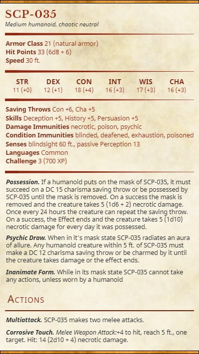 SCP-035 - SCP-035 Medium humanoid, chaotic neutral Armor Class 21 ...