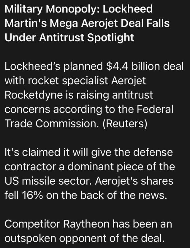 Military Monopoly: Lockheed Martin's Mega Aerojet Deal Falls Under ...