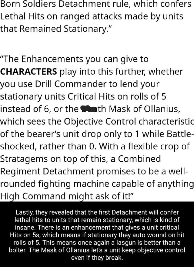 Born Soldiers Detacnment rule, which confers Lethal Hits on ranged ...