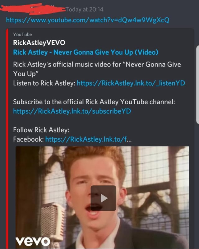 Today at YouTube RickAstleyVEVO Rick Astley - Never Gonna Give You Up ...