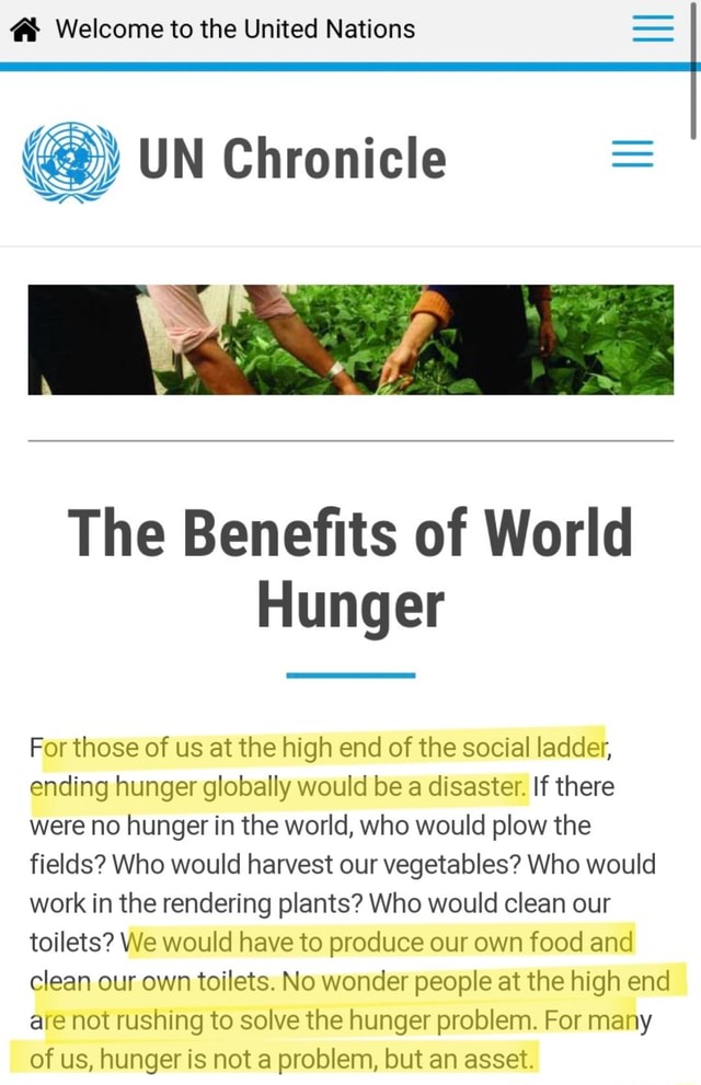 Welcome to the United Nations UN Chronicle The Benefits of World Hunger ...