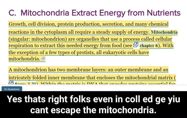C. Mitochondria Extract Energy from Nutrients Growth, cell division ...