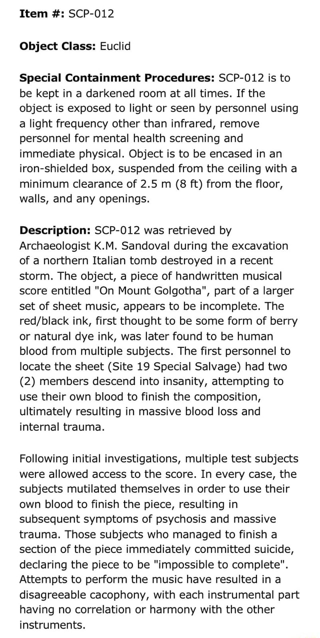Item SCP-012 Object Class: Euclid Special Containment Procedures: SCP ...