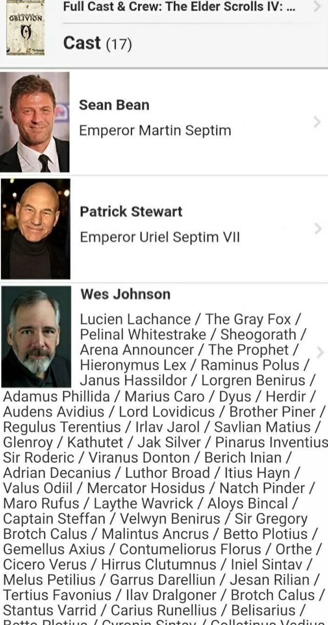 Full Cast & Crew: The Elder Scrolls IV: OBLIVION, Cast (17) Sean Bean ...