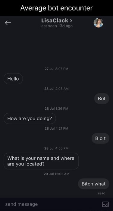 Average bot encounter > @ en ago 27 Jul PM Hello 28 Jul 03 Bot 28 Jul ...
