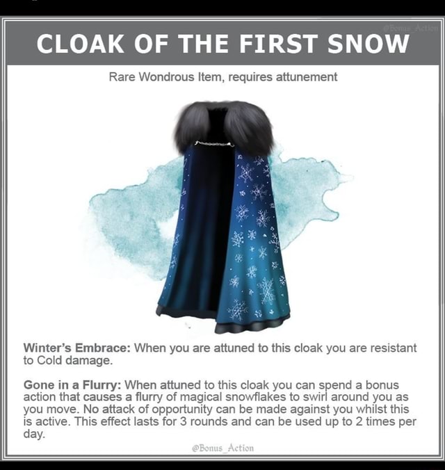 CLOAK OF THE FIRST SNOW Rare Wondrous Item, requires attunement Winter ...