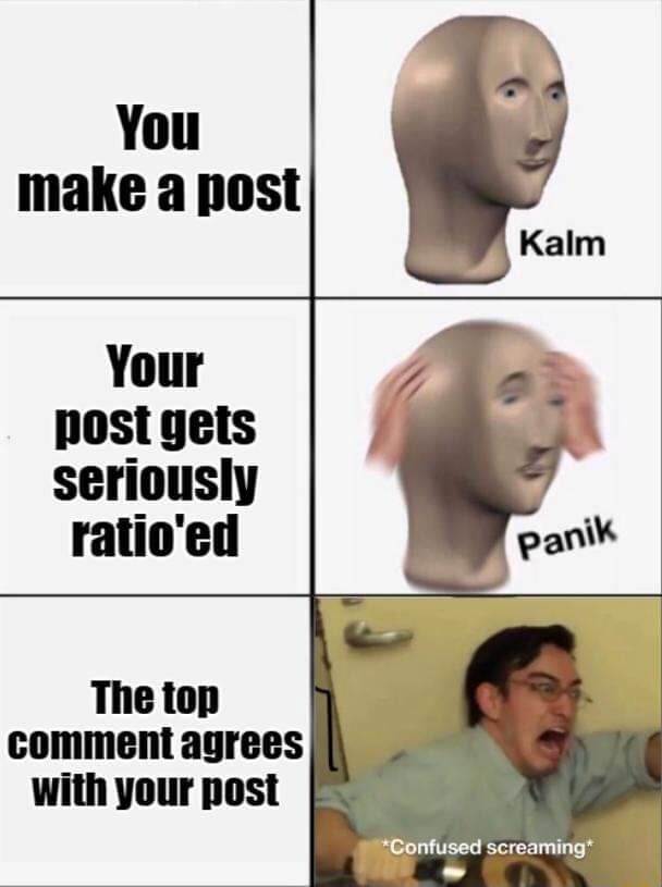 You make a post Your post gets seriously ratio'ed The top comment ...