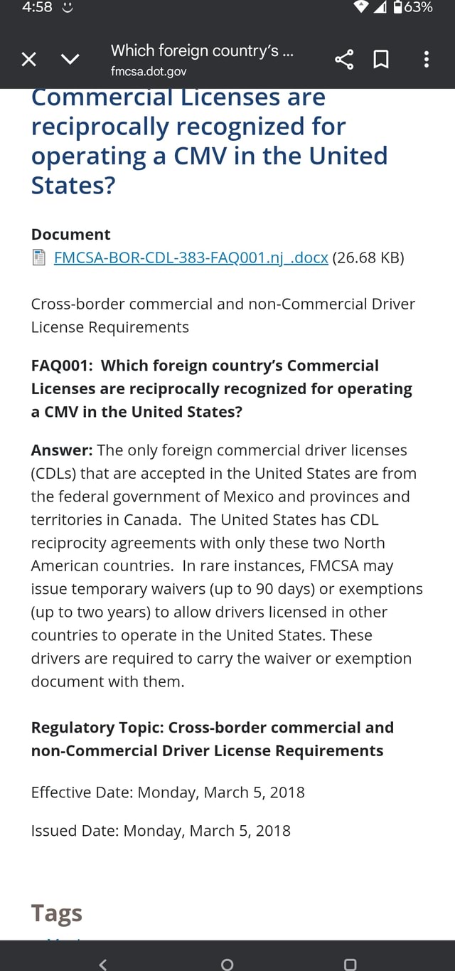 Which foreign country's fmcsa.dot.gov ommercial Licenses are reciprocally recognized for ...