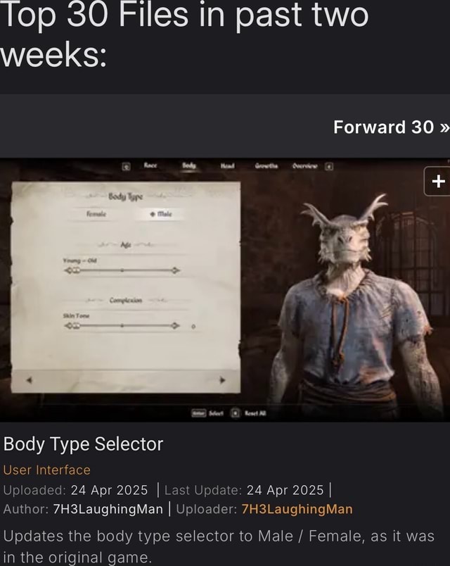 Top 30 Files In past two weeks: Forward 30 " Body Type Selector User ...