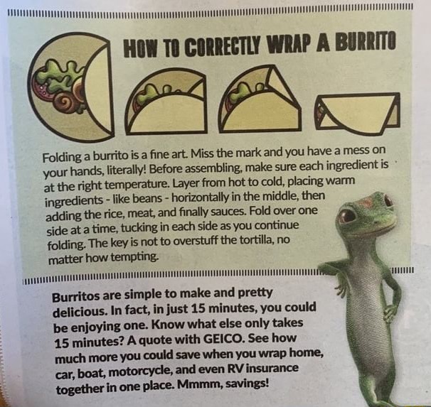 TO CORRECTLY WRAP A BURRITO Folding a burrito is fine art. Miss the ...