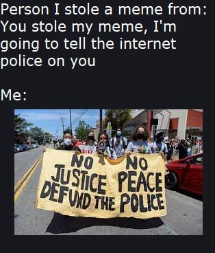 Person I stole a meme from: You stole my meme, I'm going to tell the ...