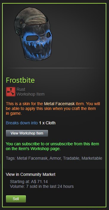 Frostbite Rust Workshop Item This is a skin for the Metal Facemask item ...