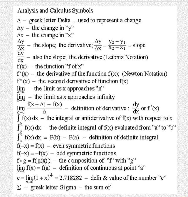 Analysis and Calculus Symbols A - greek letter Delta used to represent ...