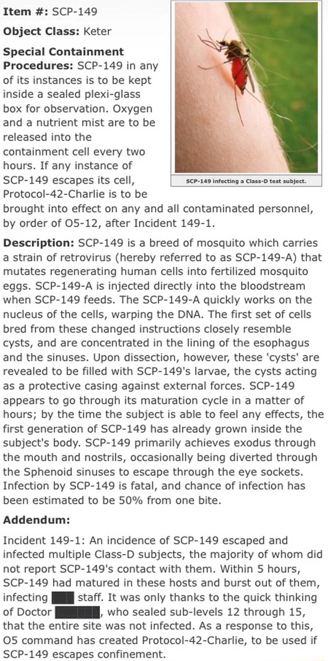 Item #: SCP-149 Object Class: Keter Special Containment Procedures: SCP ...