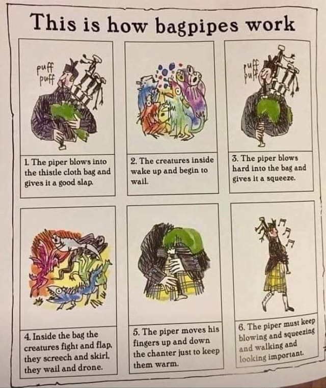 This is how bagpipes work The creatures inside The piper blows into The ...