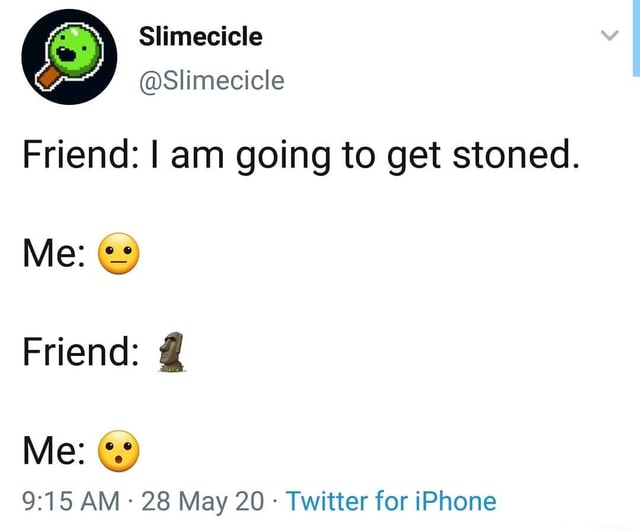 Slimecicle @Slimecicle Friend: I am going to get stoned. Me: Friend ...
