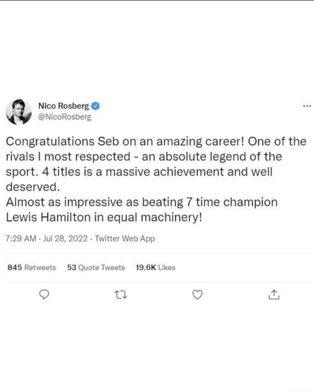 Nico Resbers US @NicoRosberg Congratulations Seb on an amazing career ...